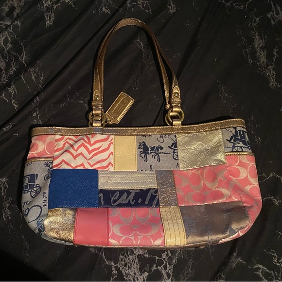 Coach | Bags | Coach Gold Pink Blue Patchwork Purse | Poshmark